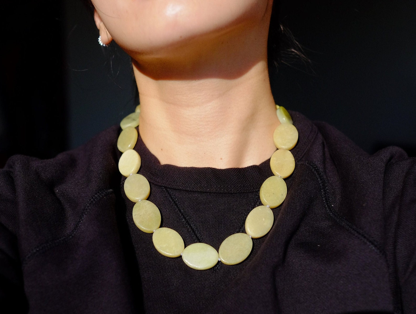 Olive Jade "chartreuse" Flat Oval Chunky Sweater Necklace | Silk ...