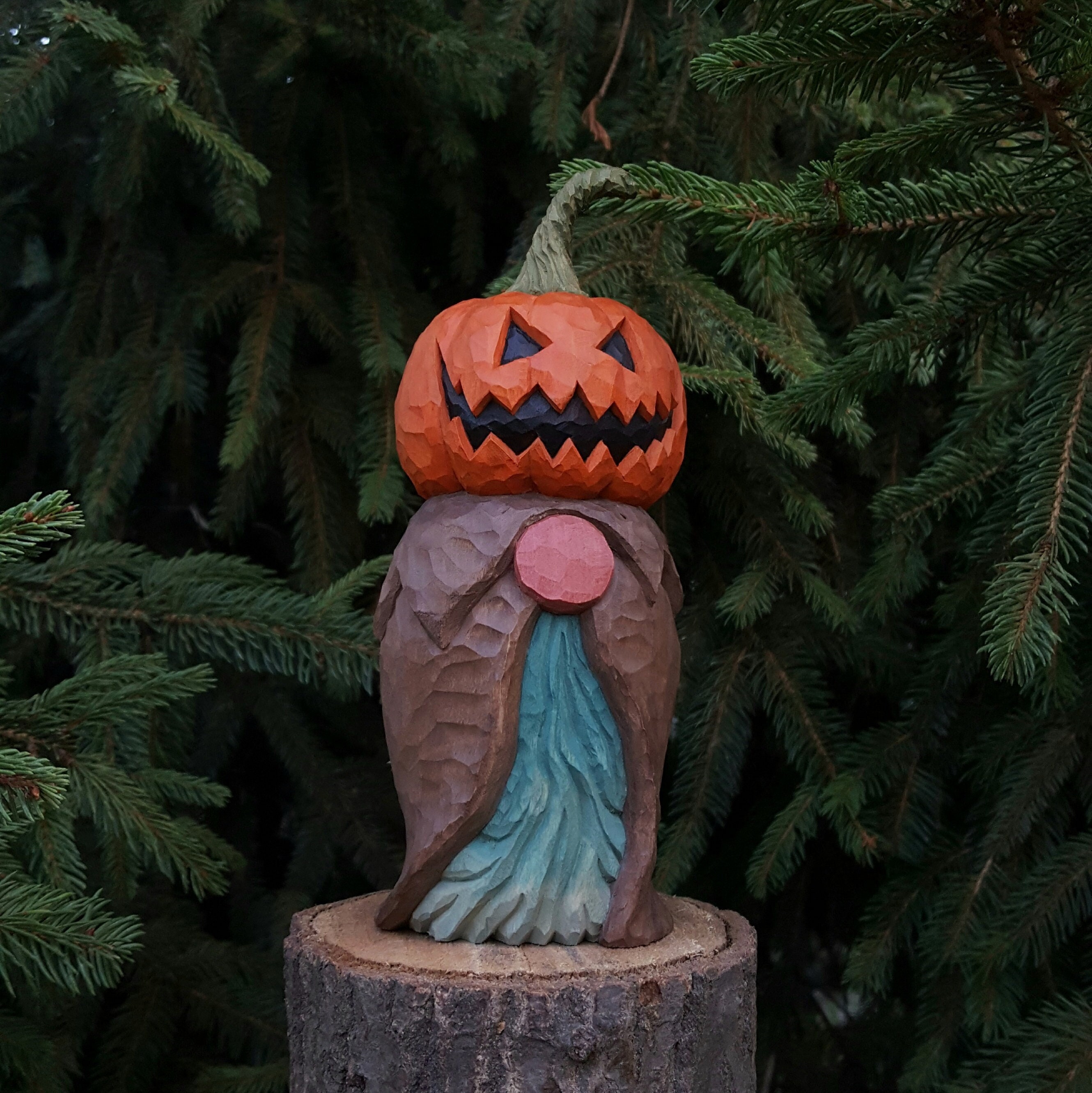 Wood Carving Wooden Pumpkin Head Witch Carving With a Cloak Hand Carved ...