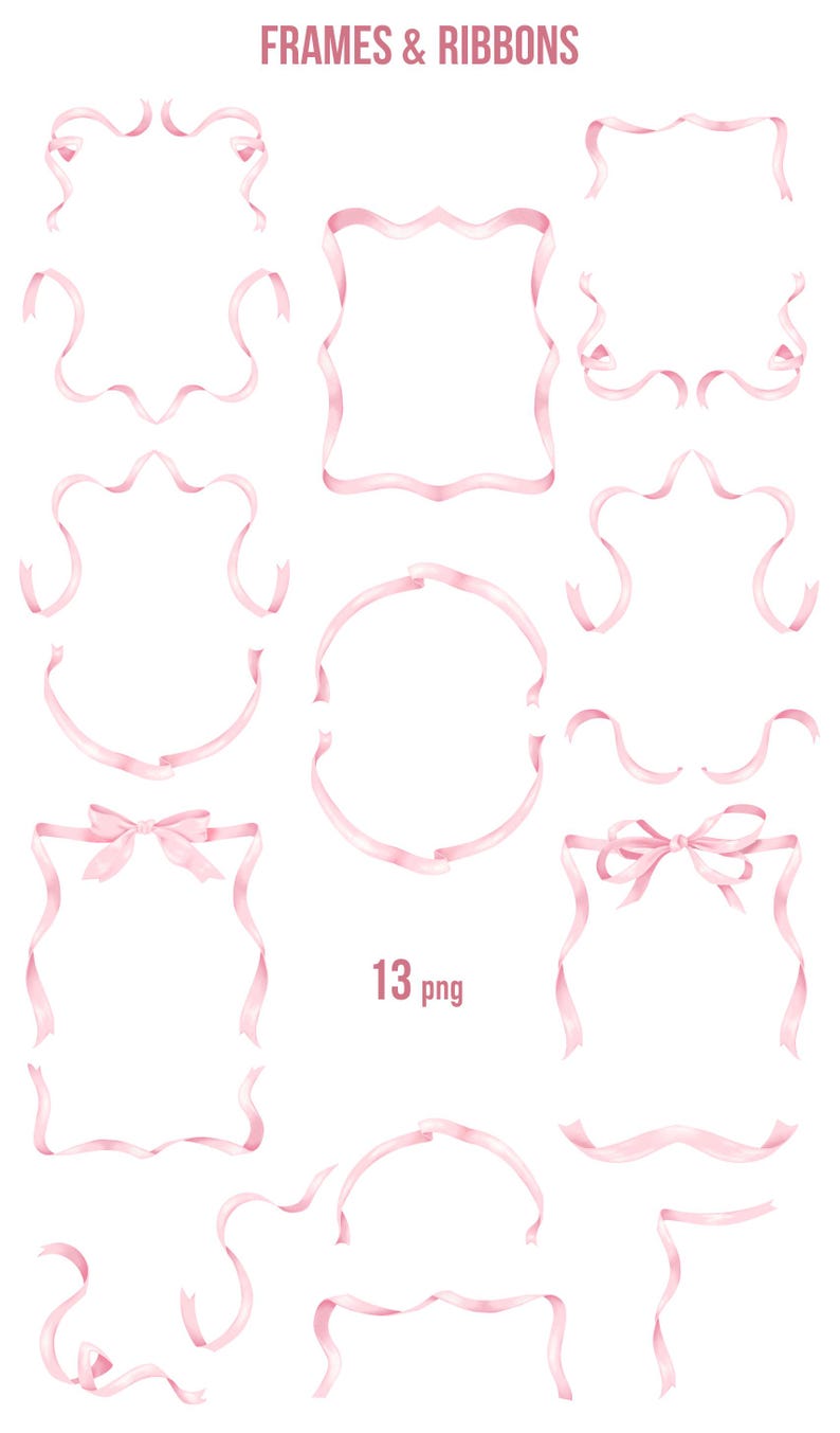 Watercolor Pink Bow Ribbons Clipart Set, Coquette Bow Frame Png, Soft ...