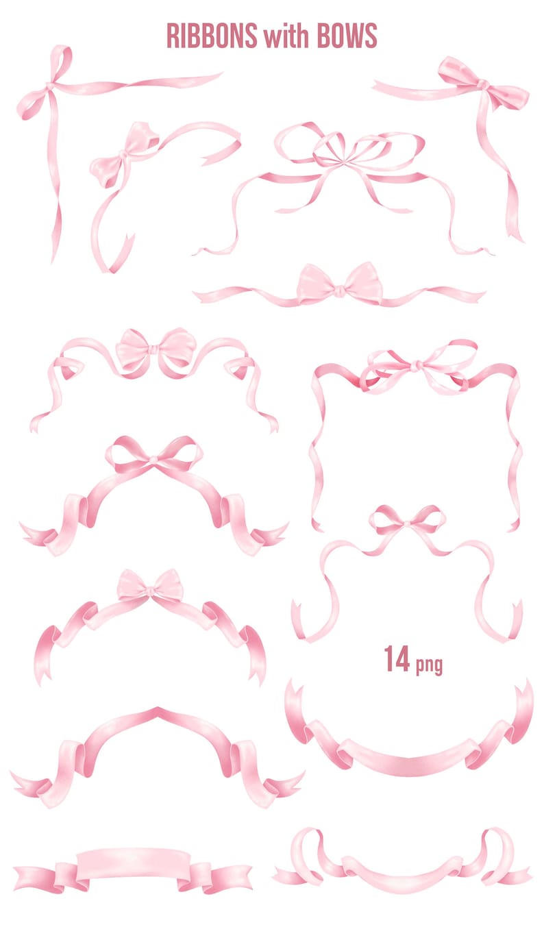 Watercolor Pink Bow Ribbons Clipart Set, Coquette Bow Frame Png, Soft ...