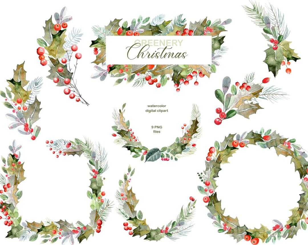 Winter Greenery Watercolor Clipart, Christmas Wreaths and Bouquets ...