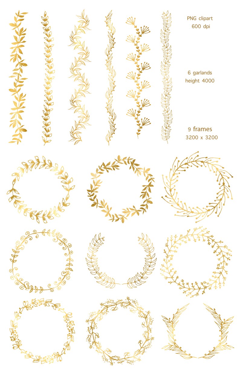Golden Floral Frames Clipart. Botanical Wedding Line Art. Gold Line Art ...