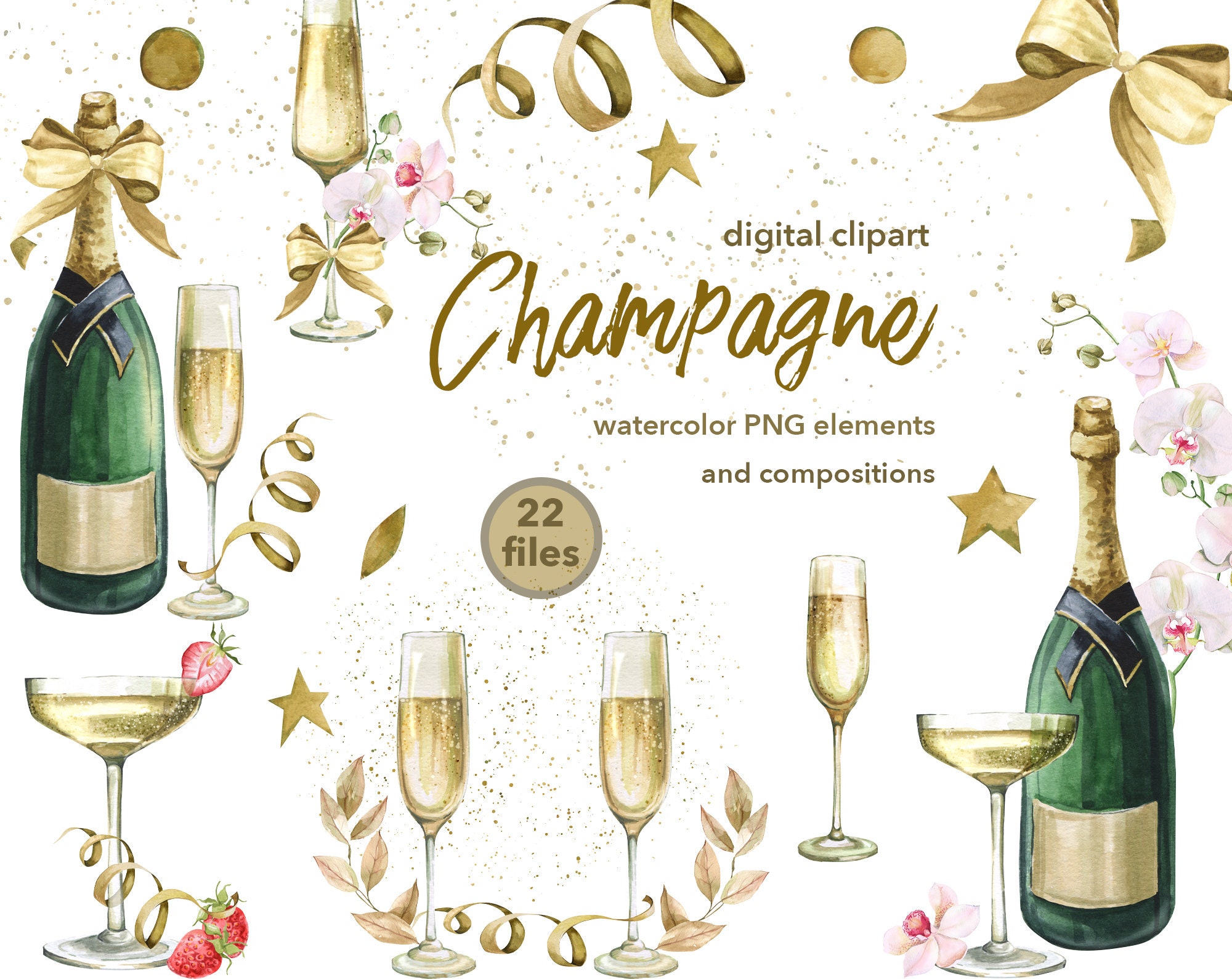 Watercolor Champagne Clipart Glasses and Bottles Wine - Etsy