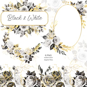 Black White and Gold Flowers PNG Clipart, Monochrome and Golden Wreaths ...