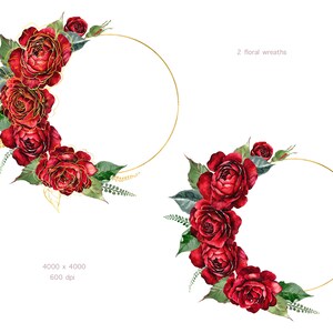 Watercolor Red and Gold Floral Wreath Clipart. Burgundy Elegant Peony ...