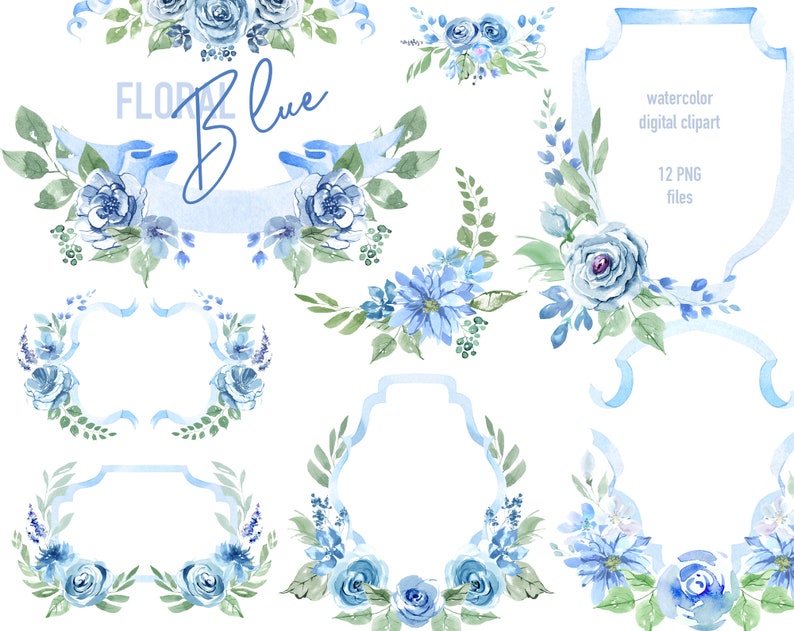 Watercolor Floral Blue Wreaths Clipartsomething Blue Wedding - Etsy