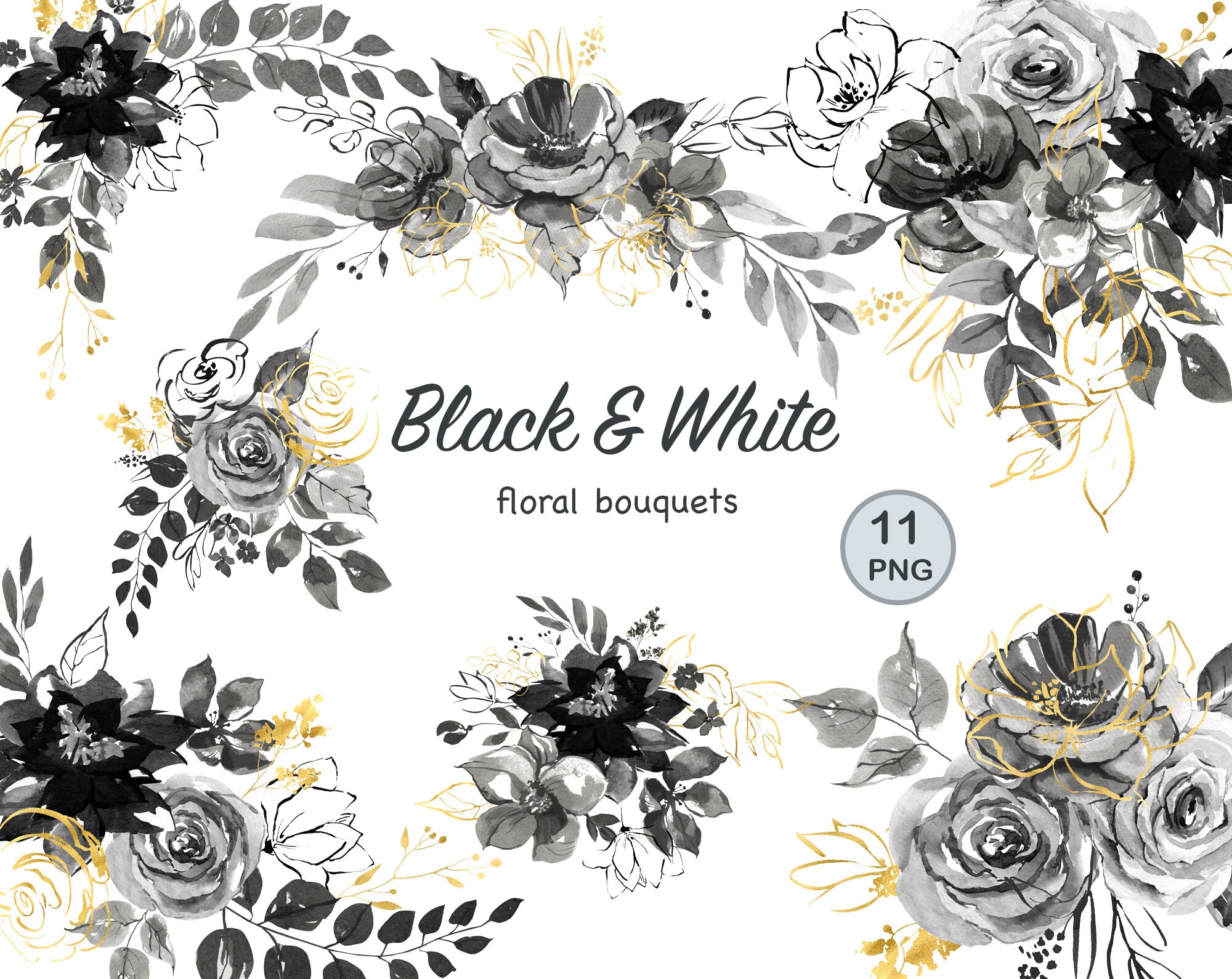 Black & White Watercolor Floral Bouquets Clipart Dark Floral - Etsy