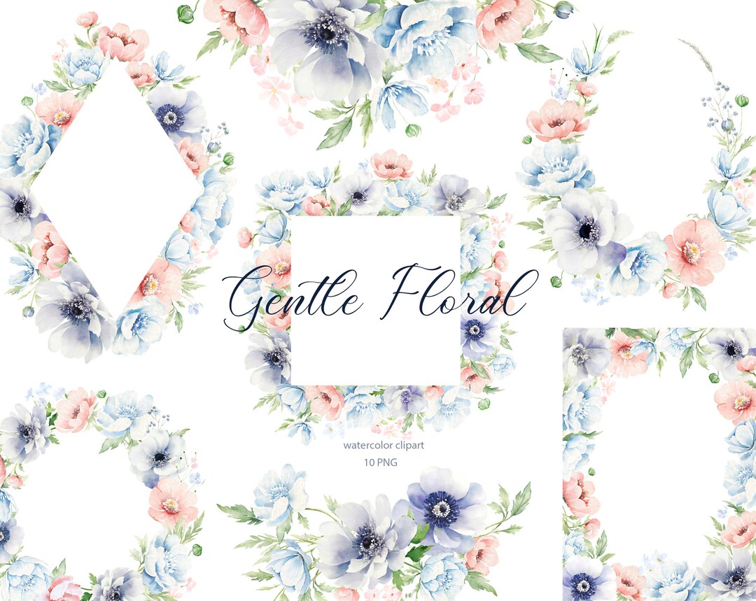 Watercolor Floral Frames and Borders, Dusty Blue and Pink Anemone ...