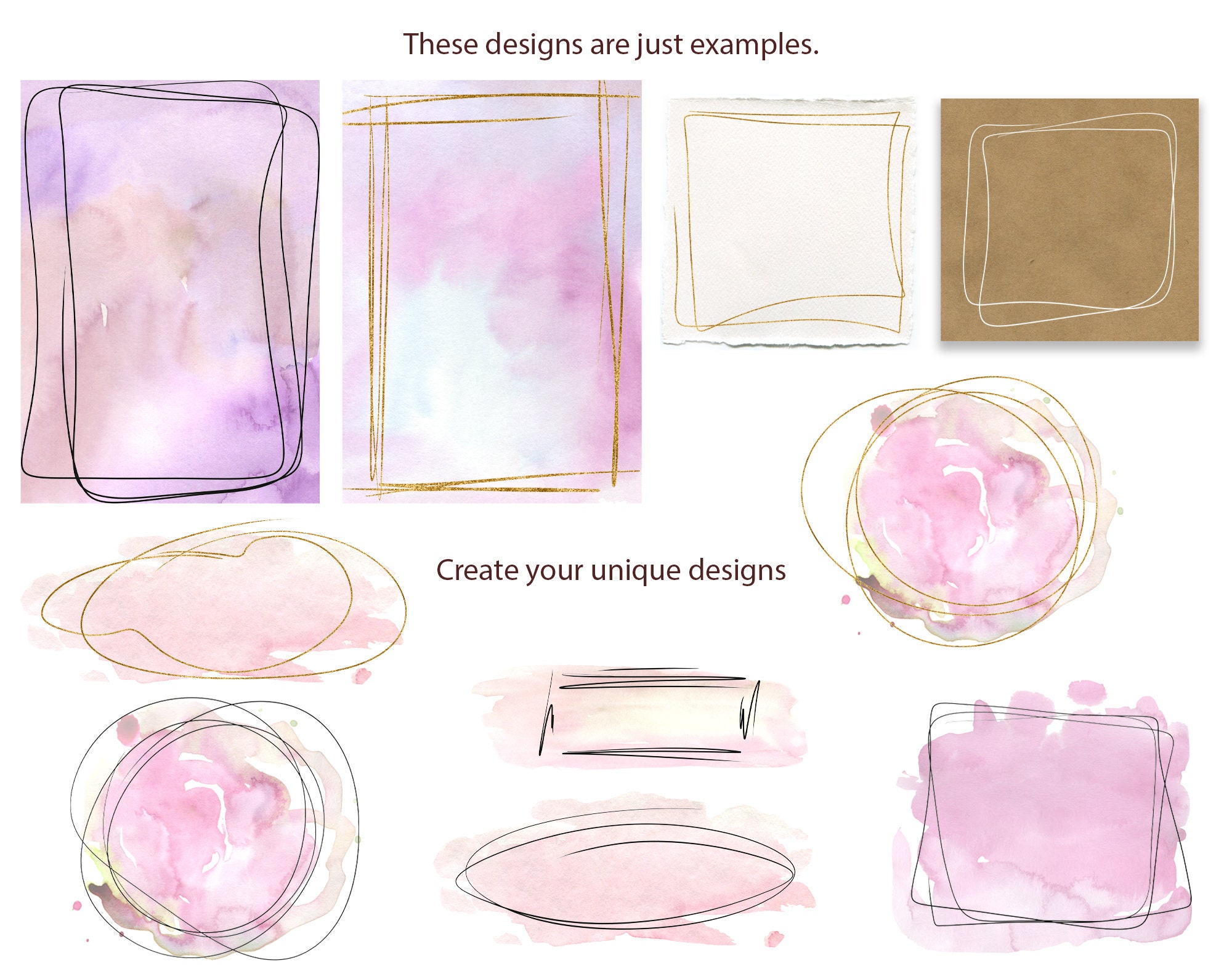 Gold Frame Clipart, Pink Watercolor Splashes Background, Gold Linear ...