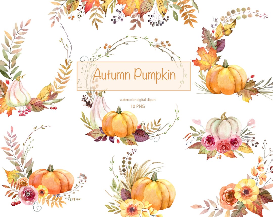 Watercolor Fall Pumpkin Clipart, Fall Floral Wreaths, Pumpkin ...