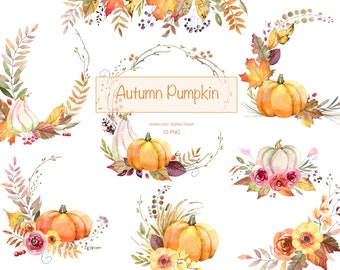 Watercolor Autumn Wreath Fall Digital Decor Pumpkin - Etsy