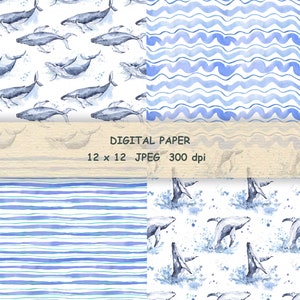 Ocean Life Digital Scrapbook Paper Set. Watercolor Nautical Seamless ...