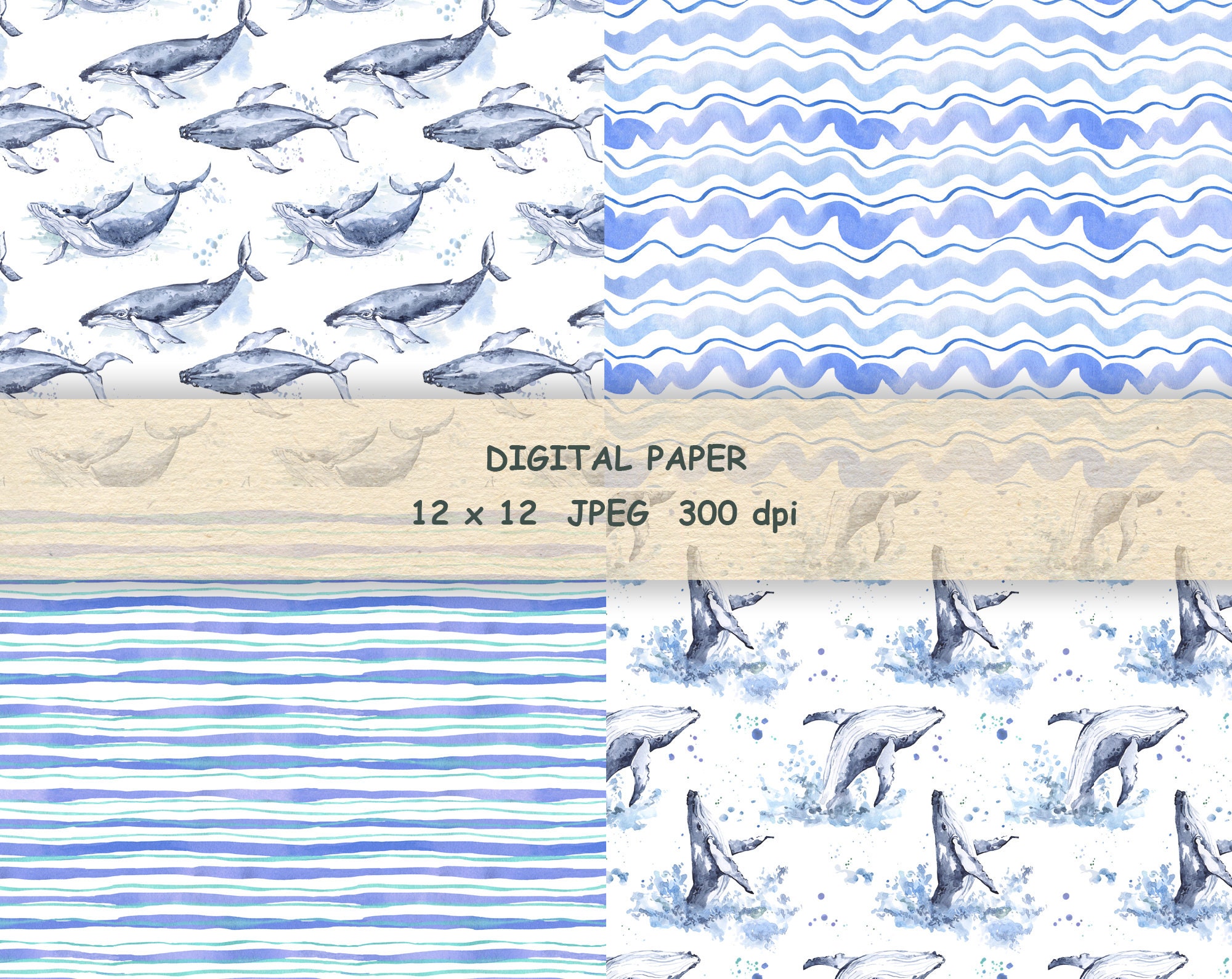 Ocean Life Digital Scrapbook Paper Set. Watercolor Nautical - Etsy