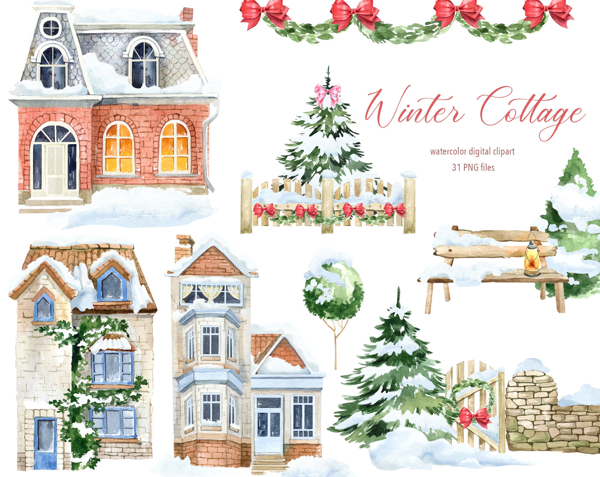 Watercolor Winter Cottage Clipart. Christmas Png Designs, Christmas ...