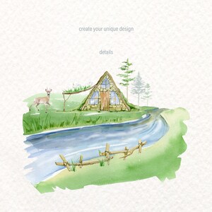 Watercolor Forest Clipart, Woodland Pine Trees, Cabin in the Wood ...
