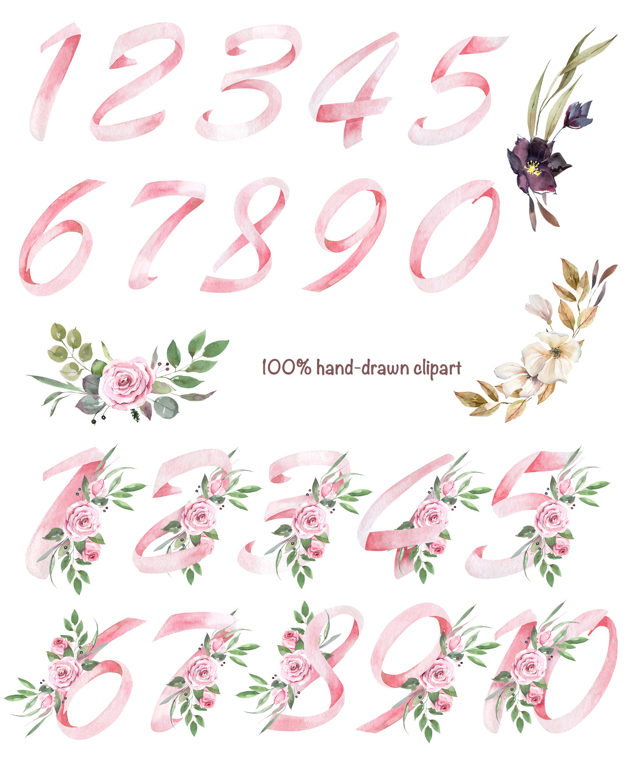 Watercolor Numbers Clipart. Monogram, Floral Numbers. Pink Floral ...