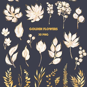 White and Gold Watercolor Floral Clipart, Golden Leaves, Gold Botanical ...