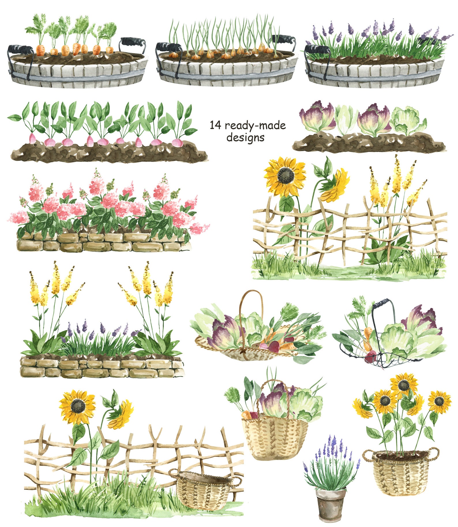 Watercolor Garden Clipart. Gardening. Watercolor Digital - Etsy