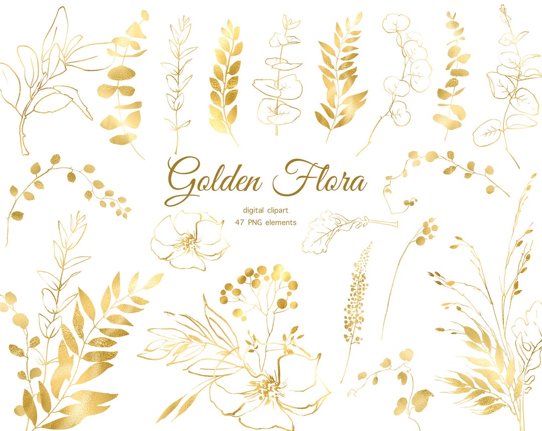 Golden сlipart, Golden Leaves, Design Elements, Gold Botanical Clipart ...