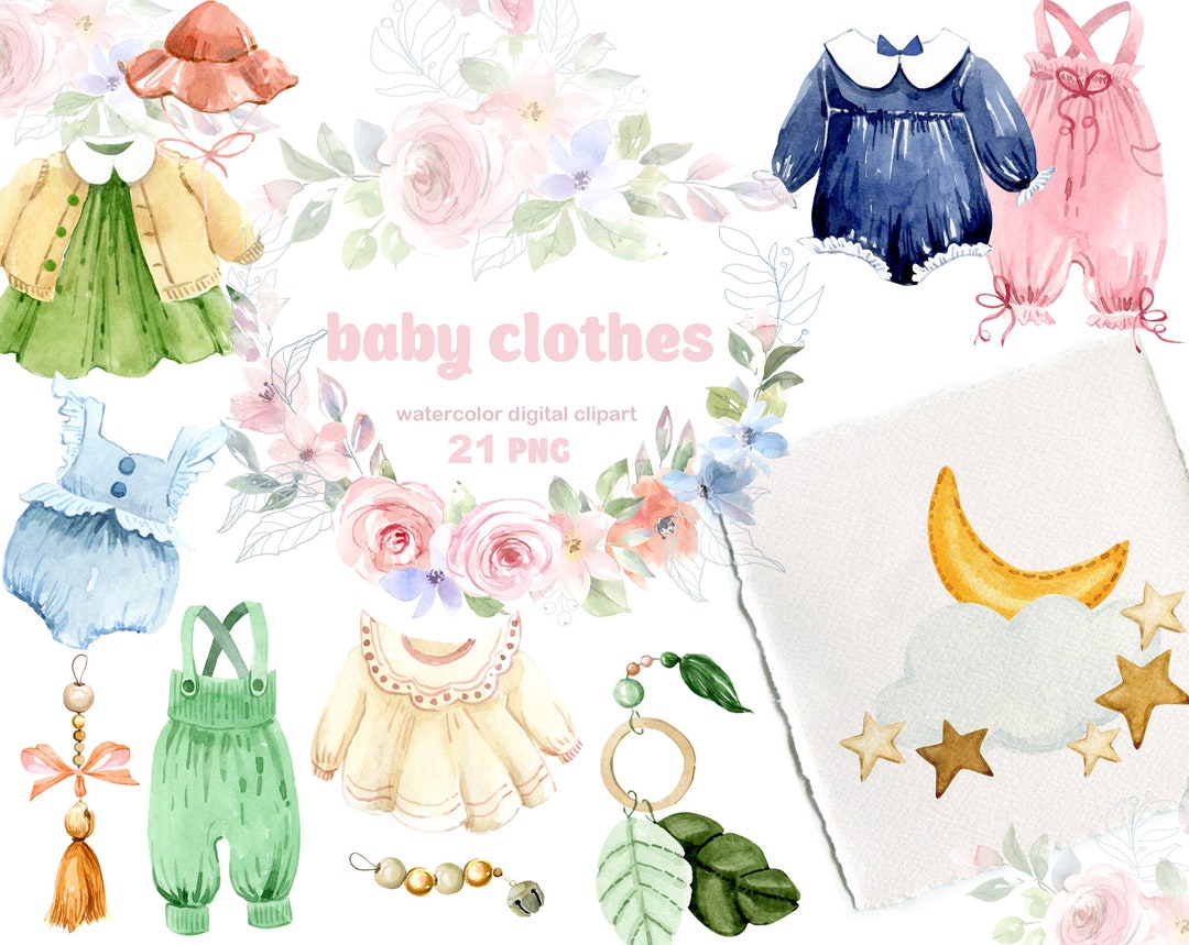 Baby Clothes Watercolor Clipart, Boho Baby Clipart, Neutral Newborn ...