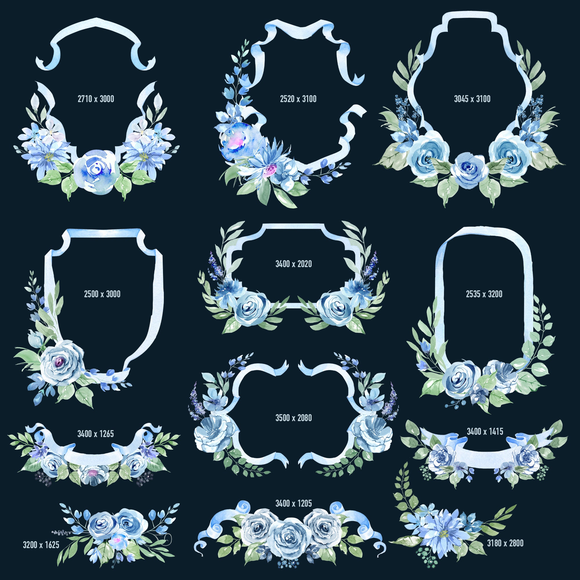 Watercolor Floral Blue Wreaths Clipartsomething Blue Wedding - Etsy