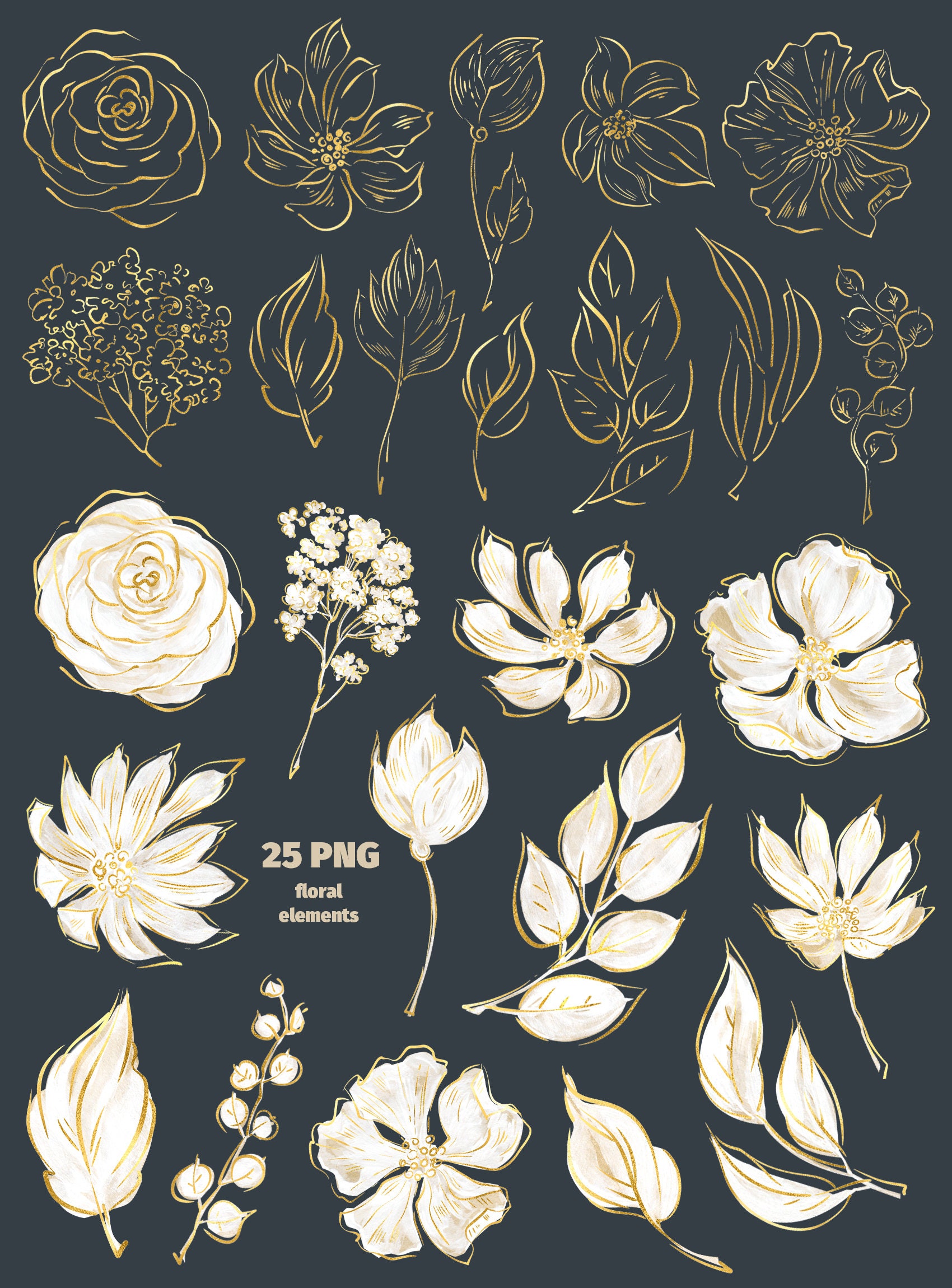 Watercolor White & Gold Flowers Clip Art. Neutral Floral Clipart, White ...