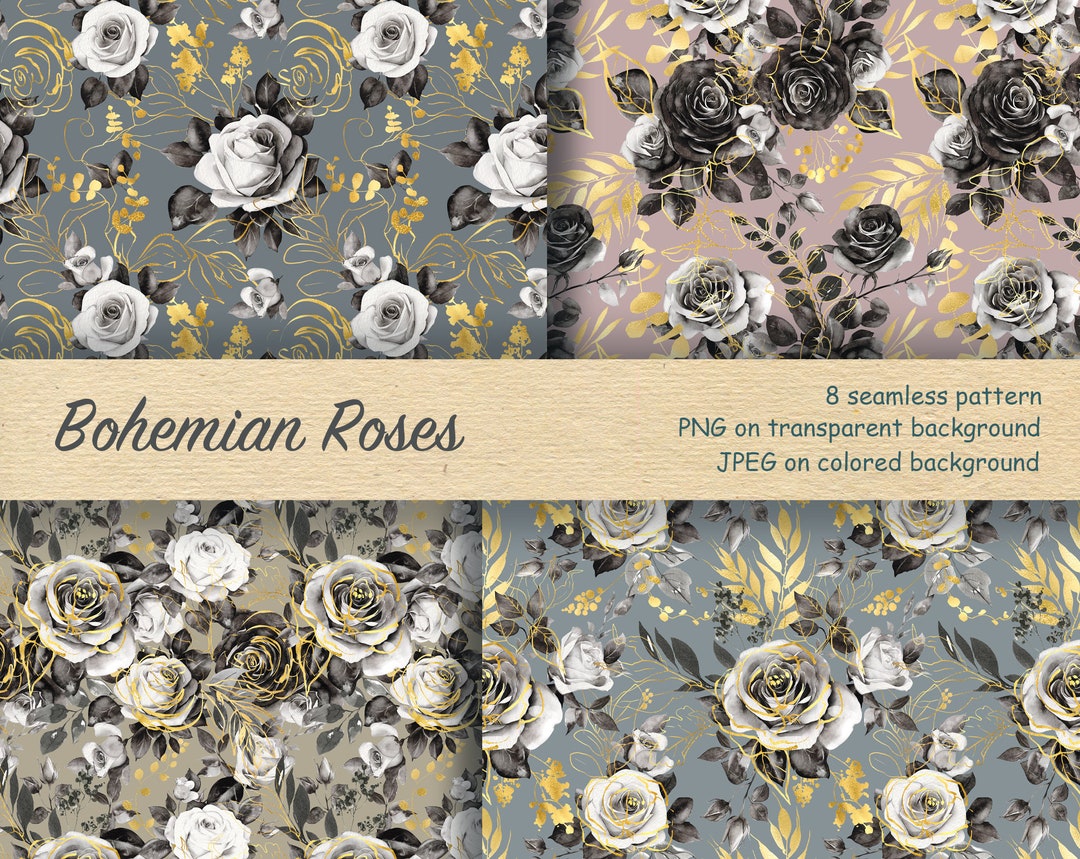 Watercolor Digital Paper Pack, Black and Gold Roses Seamless Pattern ...
