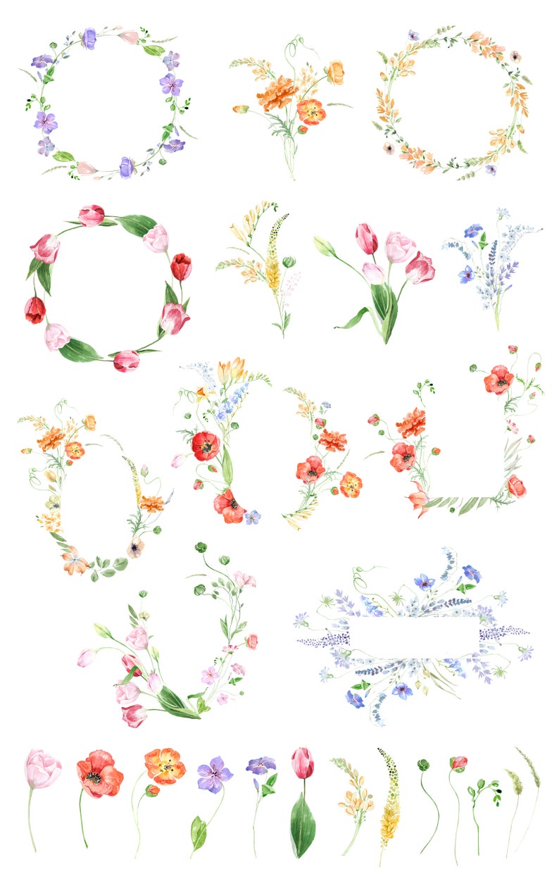 Watercolor Floral Digital Border Frames Wreaths and Bouquets. - Etsy