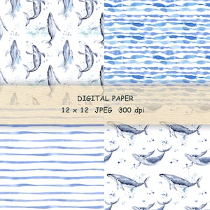 Ocean Life Digital Scrapbook Paper Set. Watercolor Nautical Seamless ...