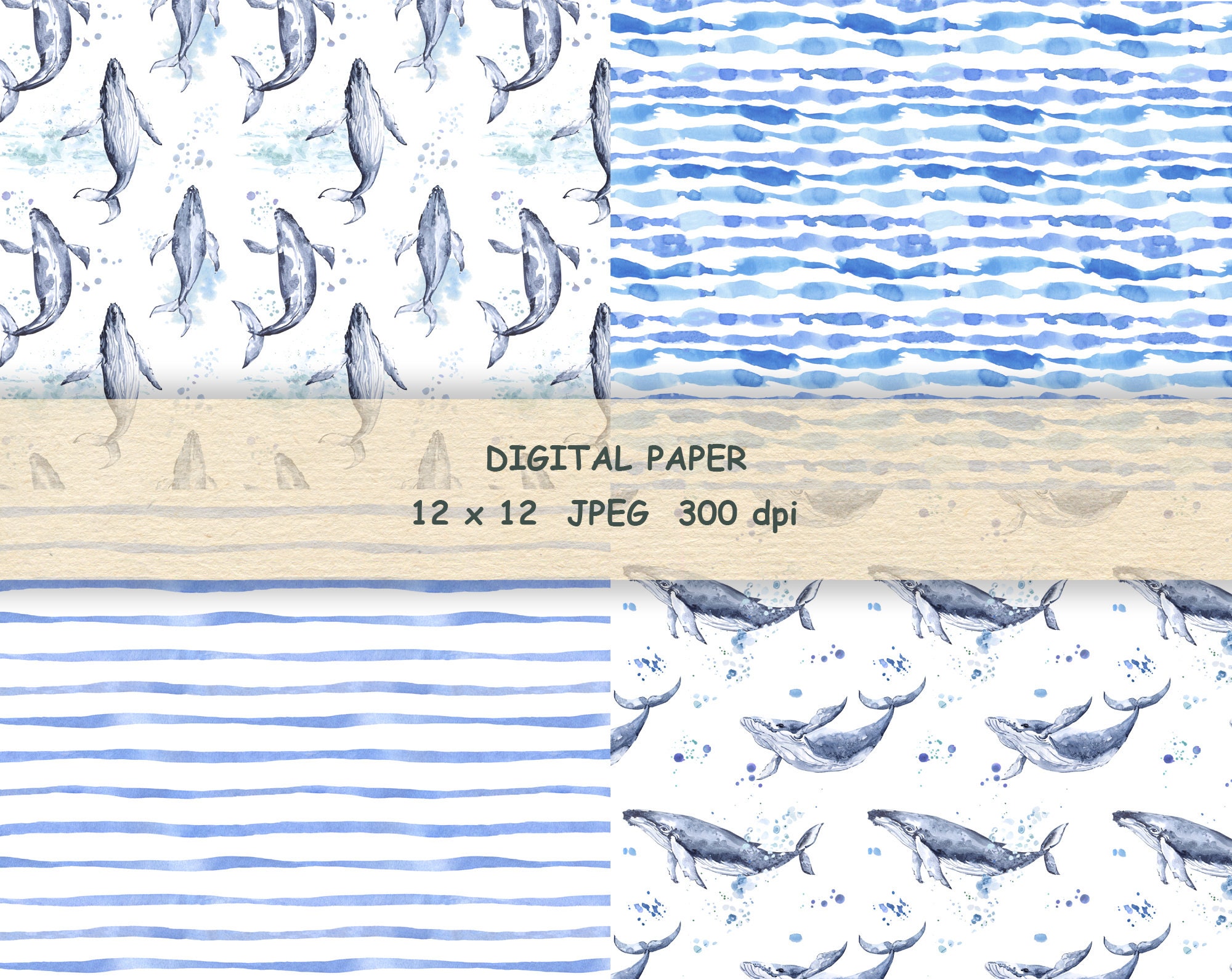 Ocean Life Digital Scrapbook Paper Set. Watercolor Nautical Seamless ...