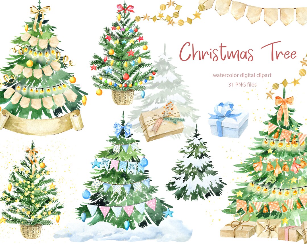 Watercolor Christmas Tree Clipart, Christmas Decor PNG, Watercolor ...