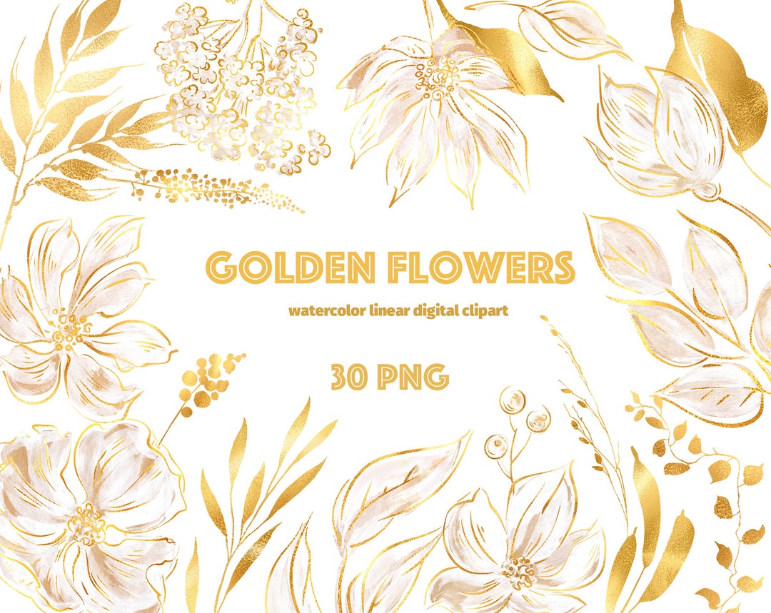 White and Gold Watercolor Floral Clipart, Golden Leaves, Gold Botanical ...
