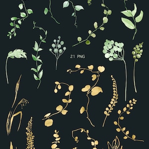 Watercolor Greenery Clipart, Green and Gold Eucalyptus Clipart ...