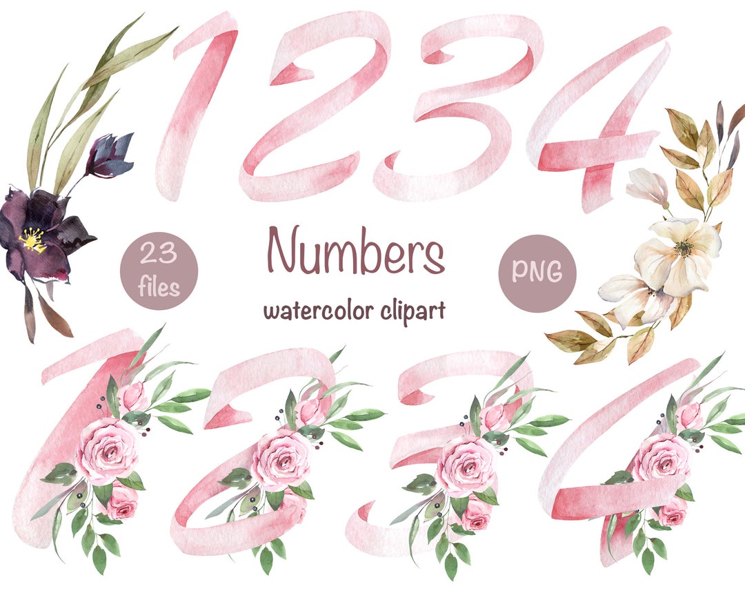 Watercolor Numbers Clipart. Monogram, Floral Numbers. Pink Floral ...