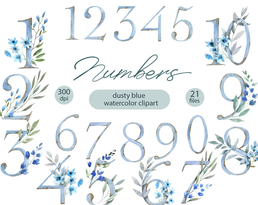 Watercolor Floral Number Clipart. Dusty Blue Floral and Numbers Clipart ...