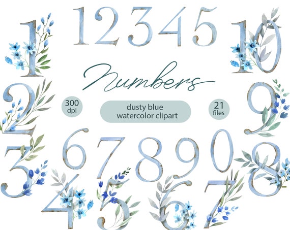 Watercolor Floral Number Clipart. Dusty Blue Floral and | Etsy