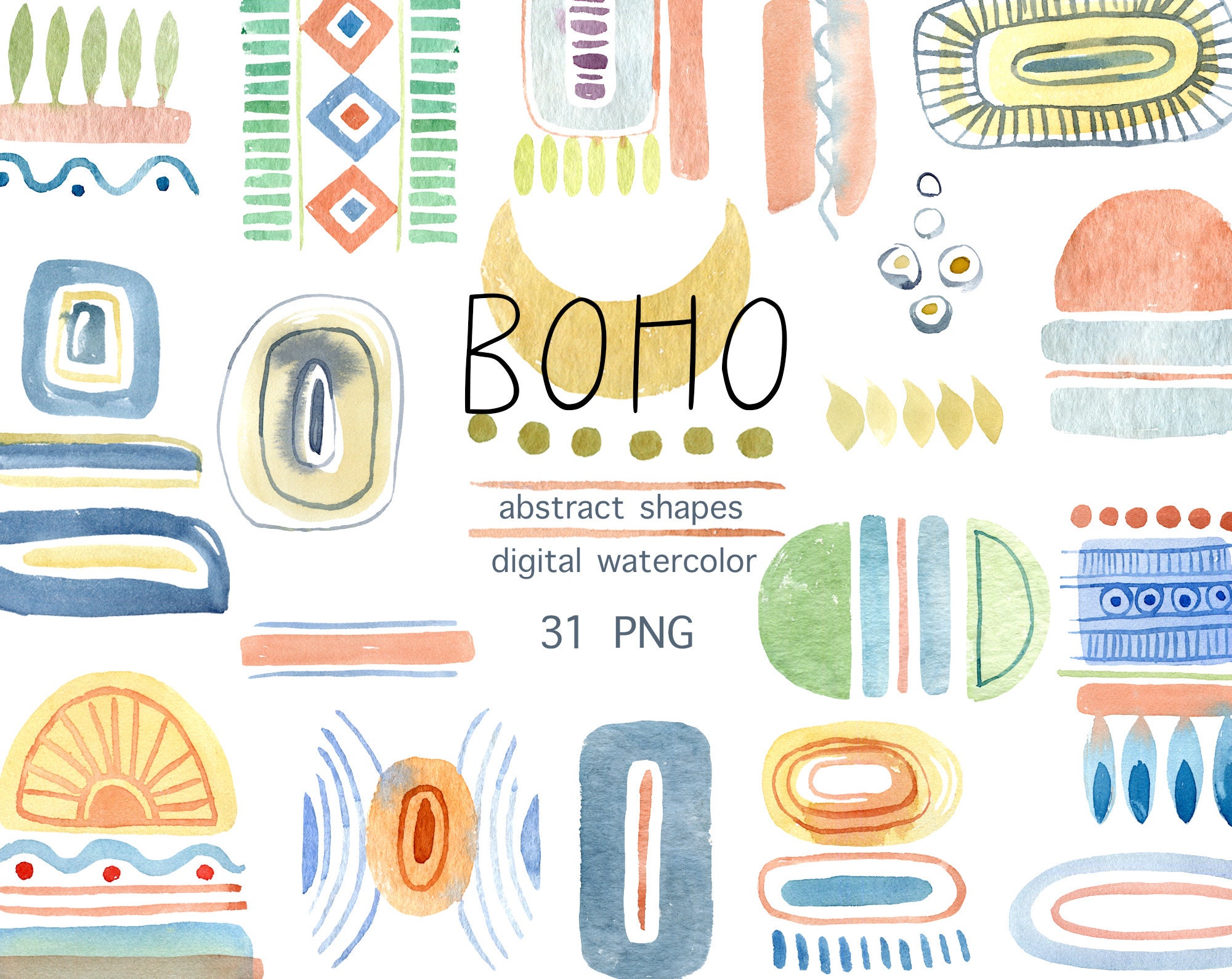 Hand Drawn Minimalist Boho Clipart, Abstract Shapes, Social Media Art, Watercolor Abstract Wall ...