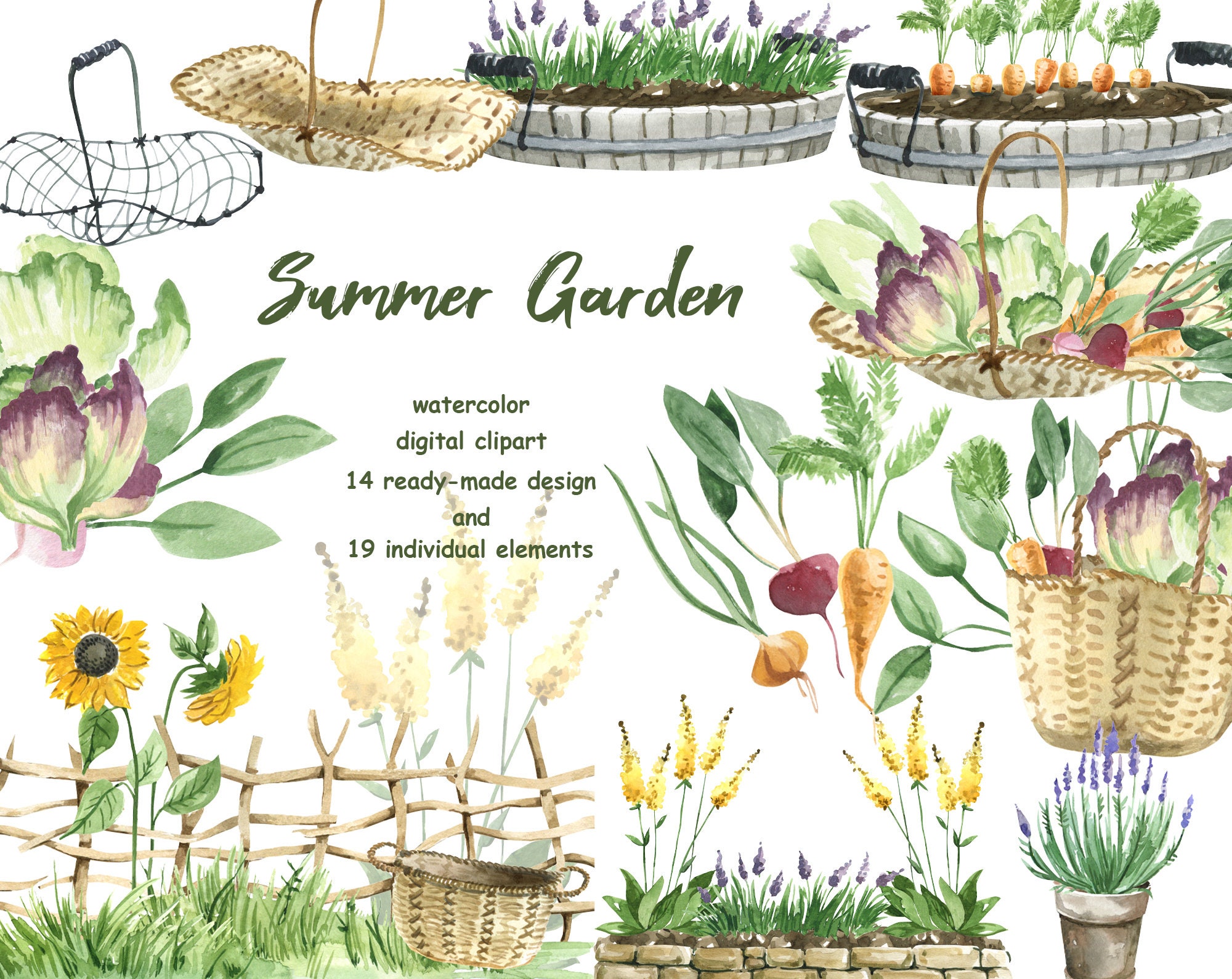 Watercolor Garden Clipart. Gardening. Watercolor Digital - Etsy