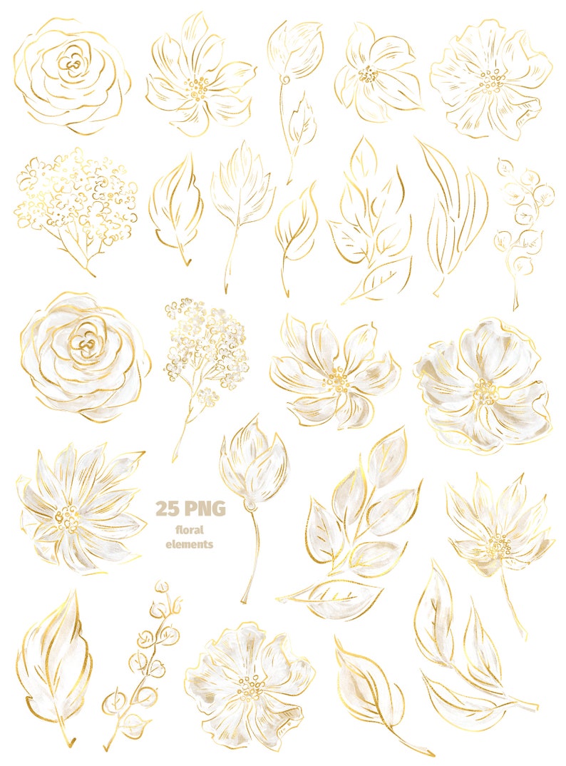 Watercolor White & Gold Flowers Clip Art. Neutral Floral Clipart, White ...