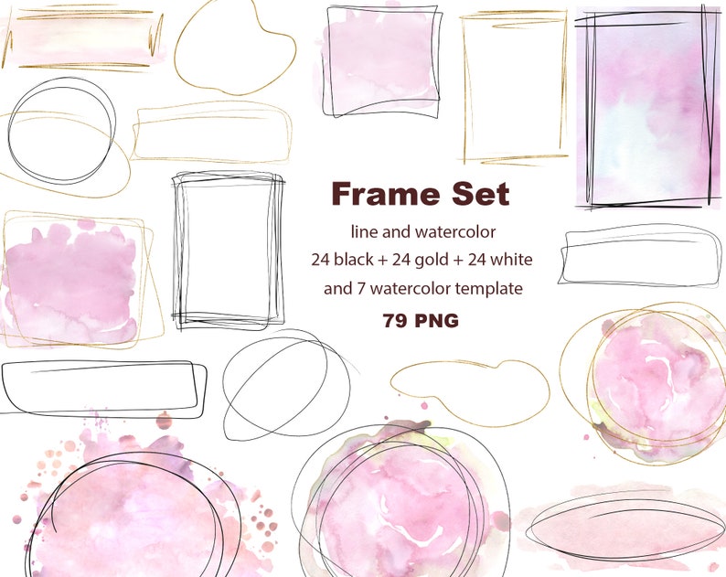 Gold Frame Clipart, Pink Watercolor Splashes Background, Gold Linear ...