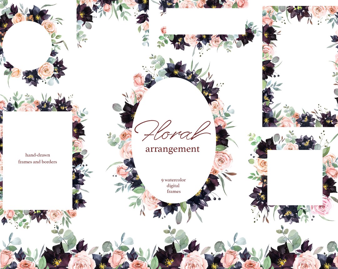 Burgundy Dark Floral Frame Clipart, Violet Flowers, Watercolor Floral ...