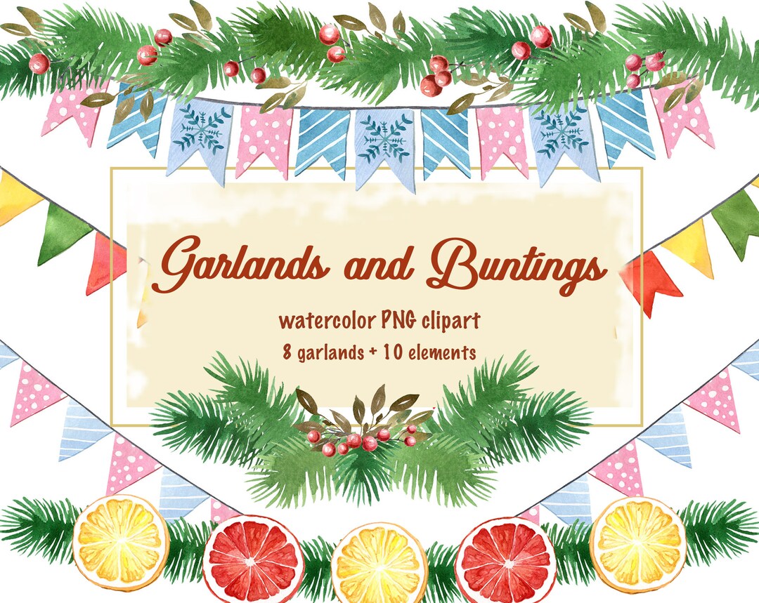 Watercolor Borders Clipart Festive Garlands, Watercolor Bunting Banner ...