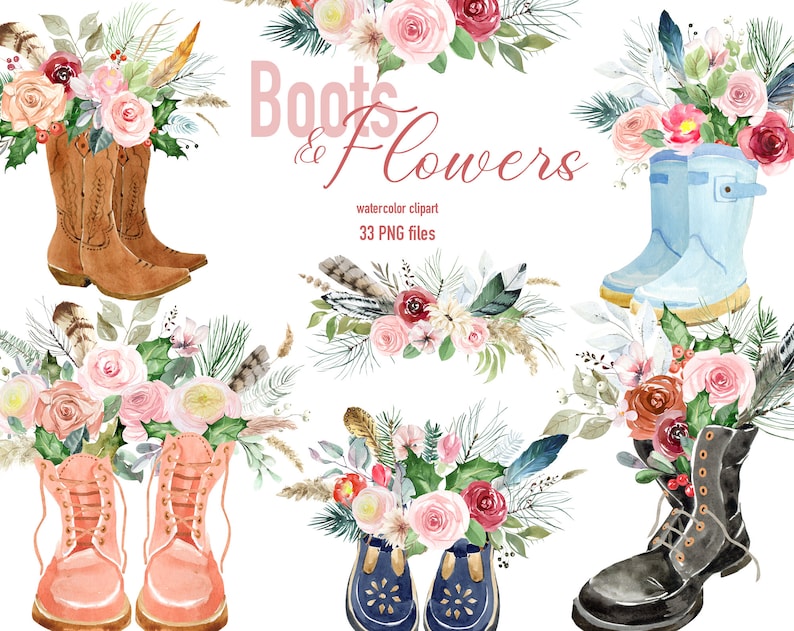 Watercolor Boots and Bouquets Clipart Boho Style Floral - Etsy