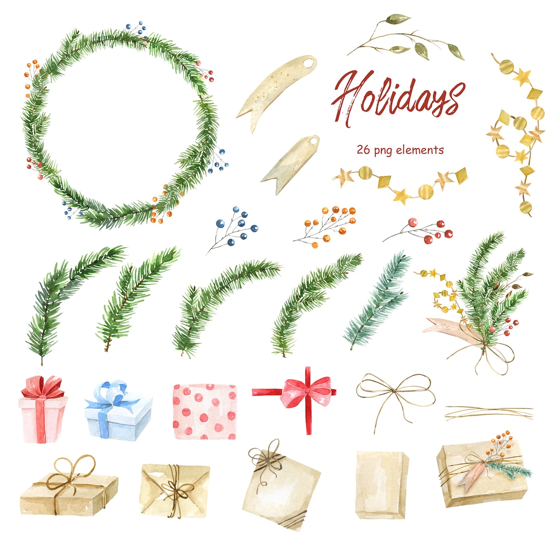 Christmas Watercolor Clipart. Watercolor Winter Gifts Clipart. | Etsy