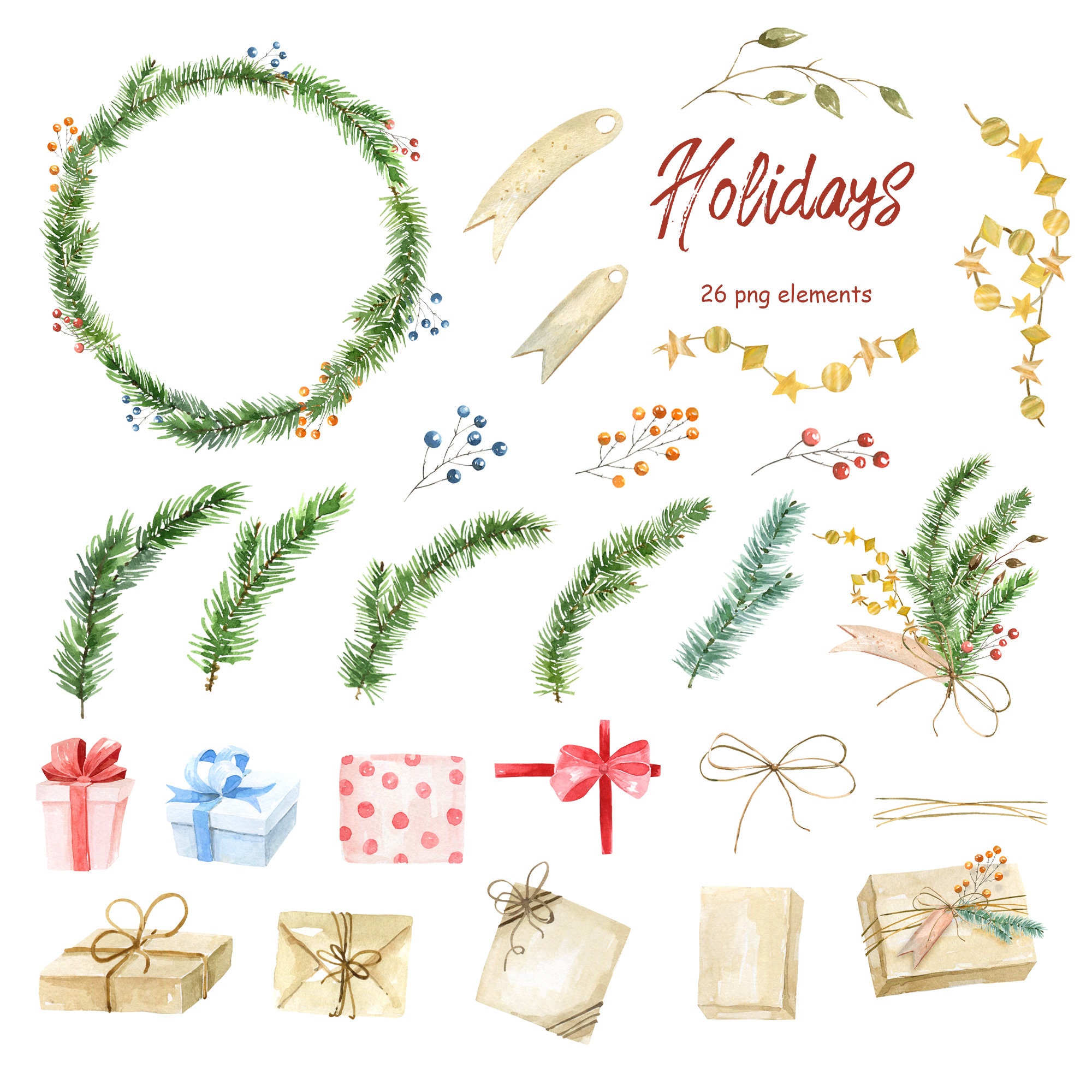 Christmas Watercolor Clipart. Watercolor Winter Gifts Clipart. - Etsy