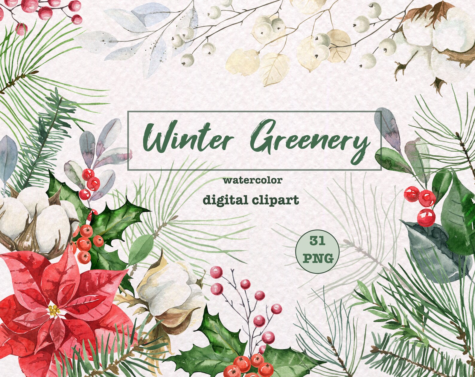 Watercolor Winter Greenery Clipart. Christmas Greenery Floral. New Year ...