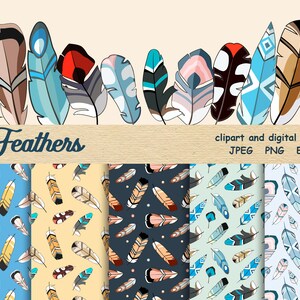 Digital Feather Clipart. Hand Painted Boho Feathers. Digital Seamless ...