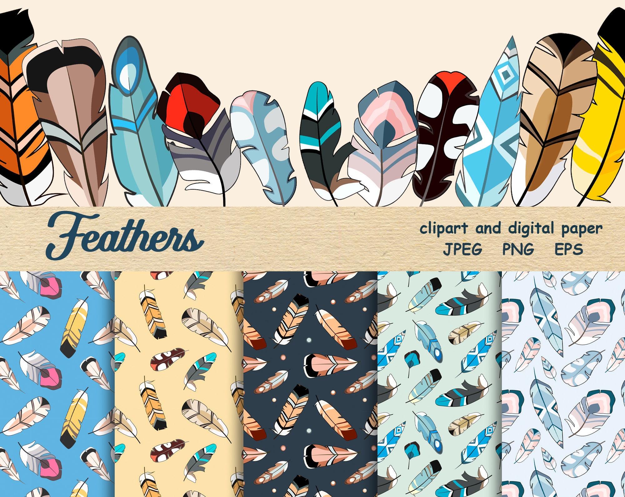 Digital Feather Clipart. Hand Painted Boho Feathers. Digital | Etsy