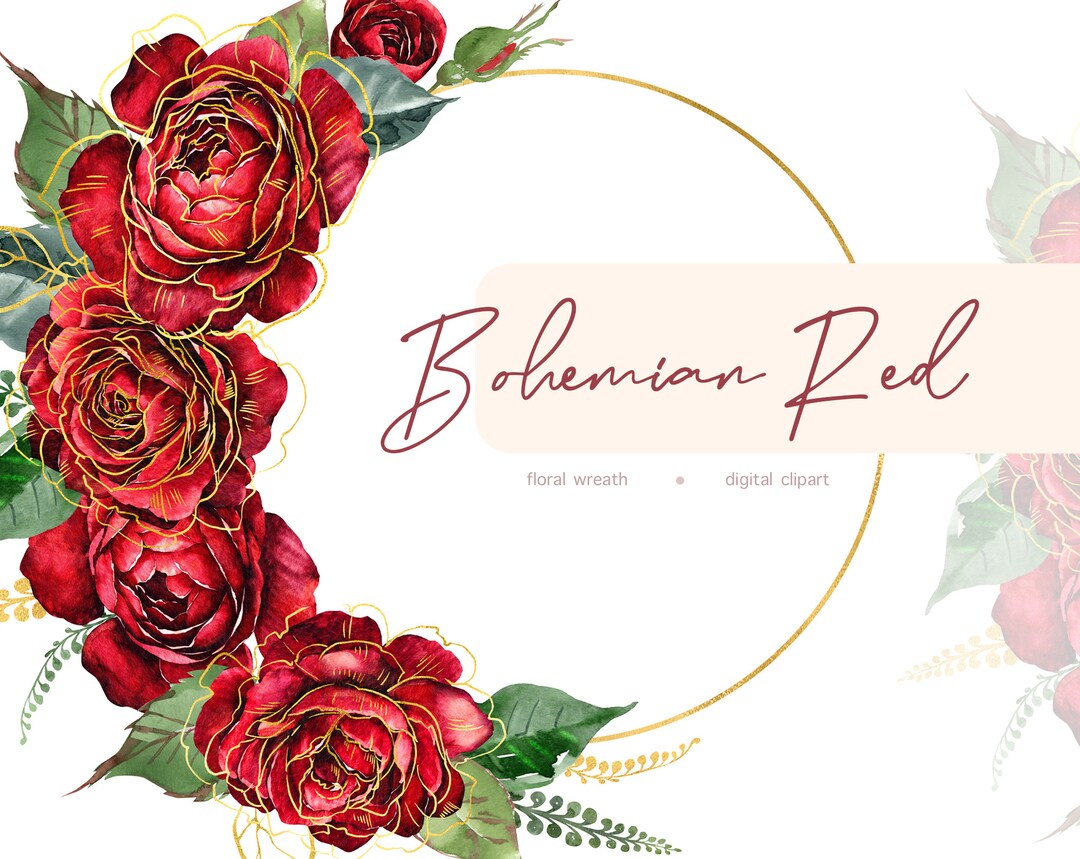 Watercolor Red and Gold Floral Wreath Clipart. Burgundy Elegant Peony ...