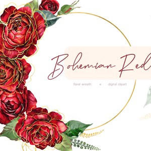 Watercolor Red and Gold Floral Wreath Clipart. Burgundy Elegant Peony ...